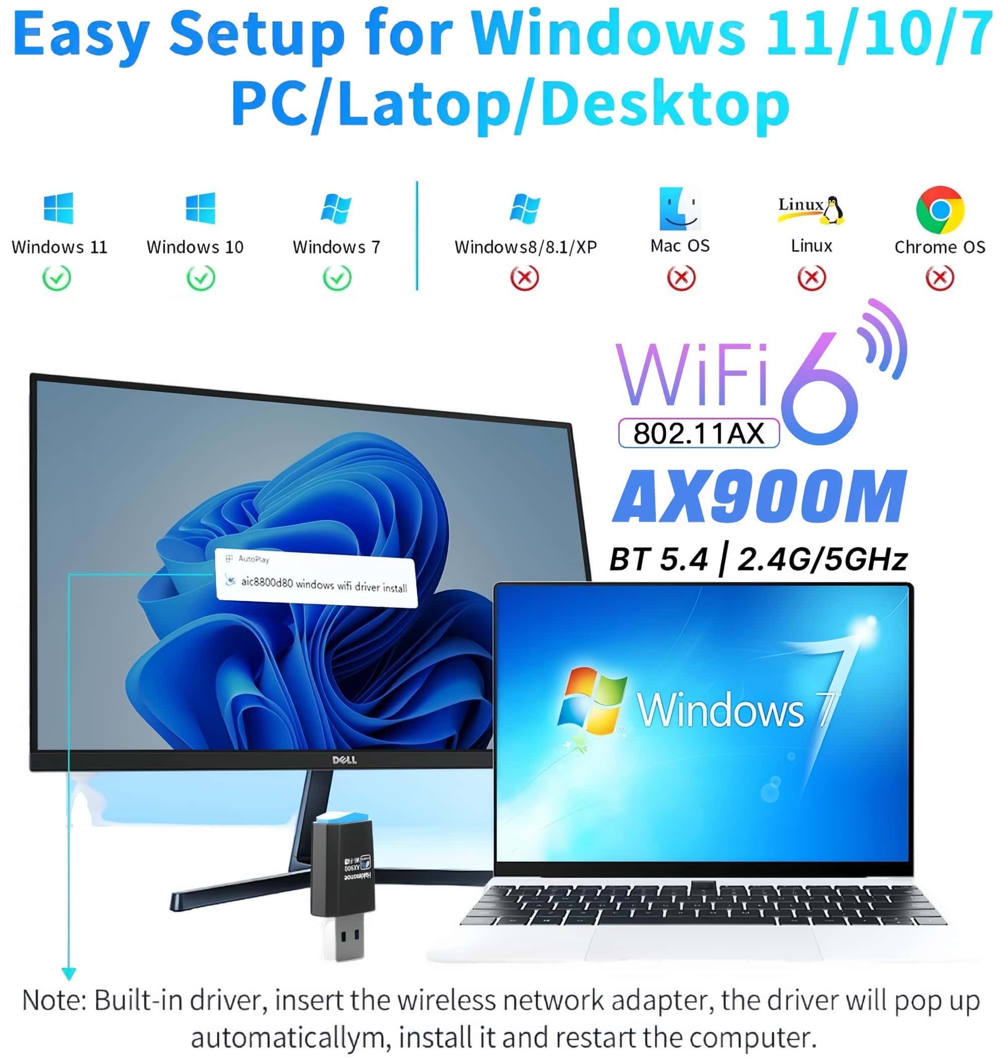 AX900 WIFI6 USB Adapter Dual Band 2.4G&5Ghz BT5.4 Wireless USB Dongle ...